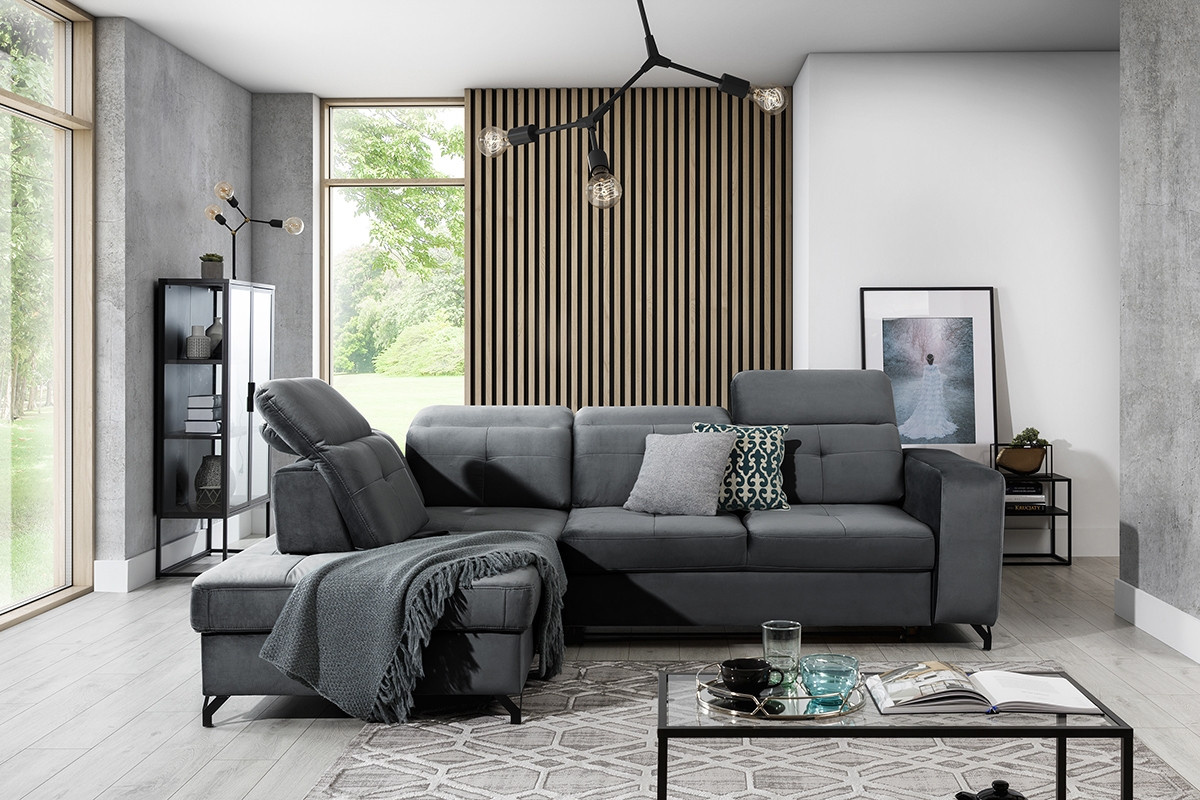 Rohová sedací souprava z funkcí spaní Belavio L Levá - šedý potahová ...